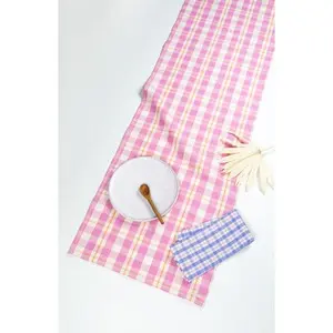 ARCHIVE NEW YORK Handwoven Colorful Plaid Cotton Table Runner - Pink