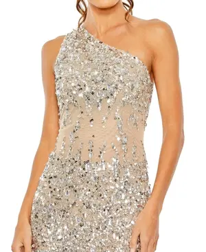Mac Duggal One-shoulder Beaded Mini Dress - Nude