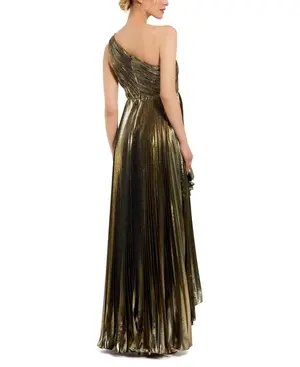 Mac Duggal Metallic Pleated Ruffle-hem One-shoulder High-low Gown