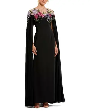 Mac Duggal Sheer Cape Beaded Floral Gown - Black Multi