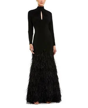 Mac Duggal Jersey Long Sleeve Feather Detail Gown - Black