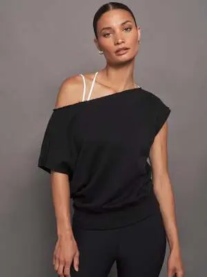 Carbon38 Short Sleeve Off Shoulder Sweatshirt - Black