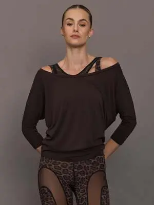 Carbon38 Long Sleeve Off Shoulder Tee - Chocolate Torte