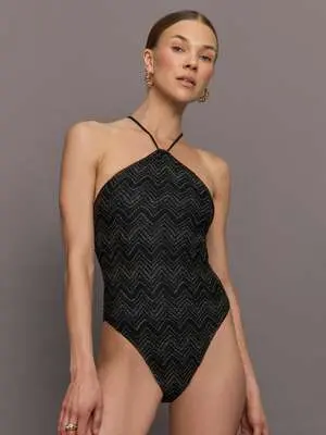 Missoni Halter One-piece Swimsuit - Black Tone On Tone Chevron Raschel W/lurex