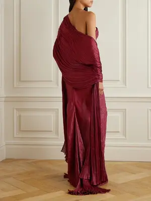 Unknown Marmar Halim Strapless Plissé Silk-satin Gown With Cape