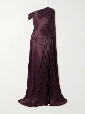 MARMAR HALIM One-shoulder Cape-effect Draped Plissé Silk-satin Gown