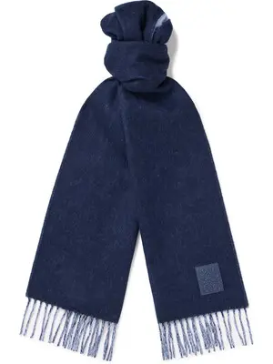 Loewe Logo-appliquéd Fringed Wool And Cashmere-blend Scarf - Blue