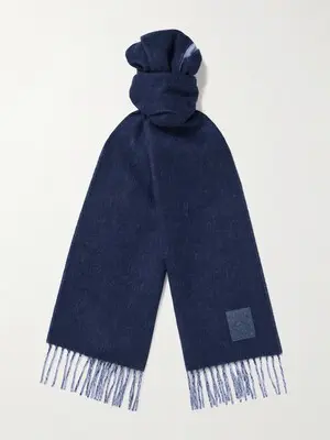 Loewe Logo-appliquéd Fringed Wool And Cashmere-blend Scarf - Blue