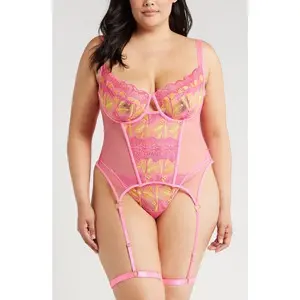 COQUETTE Embroidered Mesh Underwire Bustier With Garter Straps & Thong Set - Neon Pink