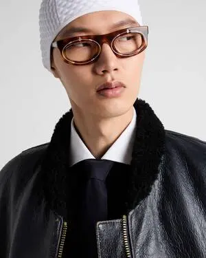 Prada Nappa Leather And Shearling Oversized Bomber Jacket - Blue