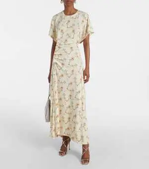 Rabanne Floral Gathered Midi Dress - Beige