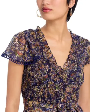 Aqua Metallic Floral Print Midi Dress