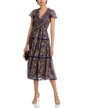 Aqua Metallic Floral Print Midi Dress