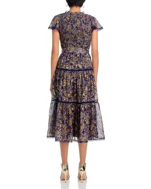 Aqua Metallic Floral Print Midi Dress