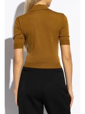 Saint Laurent Cassandre Embroidery Wool-cashmere Polo Top