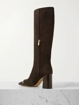 FERRAGAMO Sibilla Embellished Leather-trimmed Suede Knee Boots