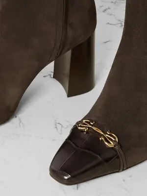 FERRAGAMO Sibilla Embellished Leather-trimmed Suede Knee Boots