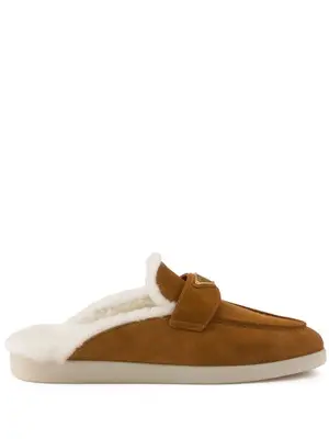 Prada Logo-appliqué Suede Mules - Brown