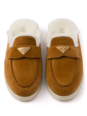 Prada Logo-appliqué Suede Mules - Brown