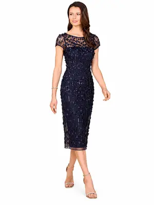LARA NEW YORK 3d Applique Midi Dress With Cap Sleeves - Navy