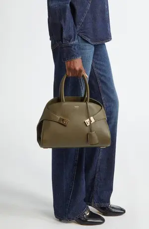 FERRAGAMO Small Hug Grained Leather Top Handle Satchel - New Olive