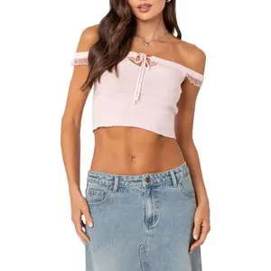 EDIKTED Lace Trim Knit Crop Top