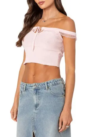 EDIKTED Lace Trim Knit Crop Top