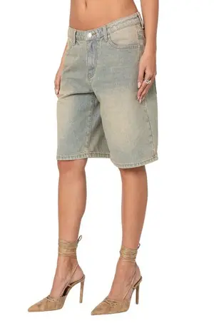 EDIKTED Shira Low Rise Bermuda Denim Shorts - Blue-washed