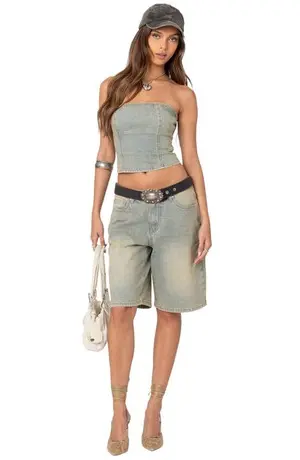 EDIKTED Shira Low Rise Bermuda Denim Shorts - Blue-washed