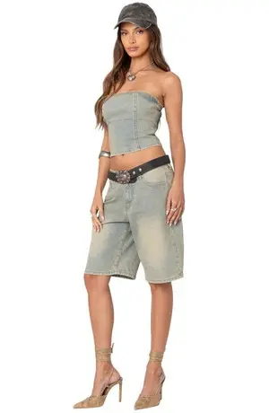 EDIKTED Shira Low Rise Bermuda Denim Shorts - Blue-washed