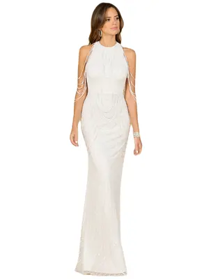 LARA NEW YORK Halter Neck Beaded Gown With Fringe