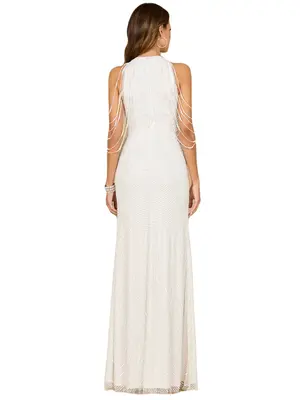 LARA NEW YORK Halter Neck Beaded Gown With Fringe