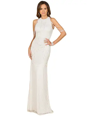 LARA NEW YORK Halter Neck Beaded Gown With Fringe