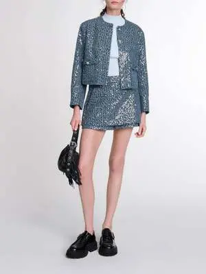 Maje Cotton Sequined Tweed Jacket - Blue Silver