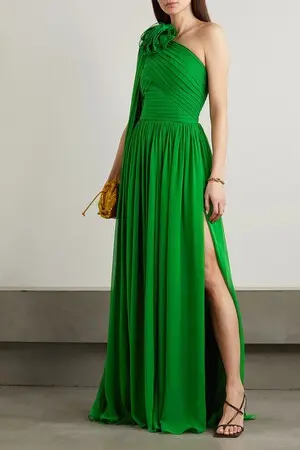 Elie Saab One-shoulder Pleated Silk Gown With Floral Appliqu