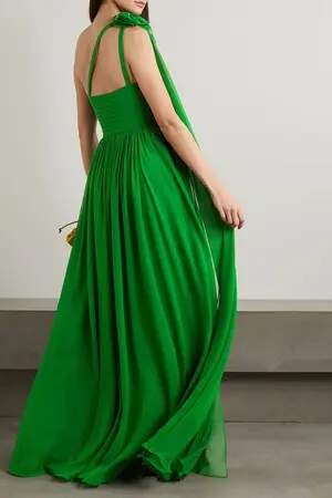 Elie Saab One-shoulder Pleated Silk Gown With Floral Appliqu