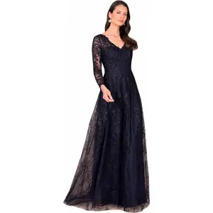 LARA NEW YORK Long Bell Sleeve V-neck Beaded Gown - Navy