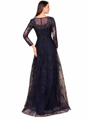 LARA NEW YORK Long Bell Sleeve V-neck Beaded Gown - Navy