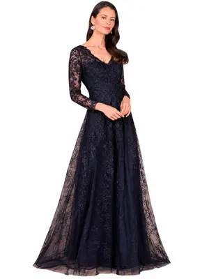 LARA NEW YORK Long Bell Sleeve V-neck Beaded Gown - Navy