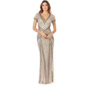 LARA NEW YORK Beaded V-neck Gown - Silver