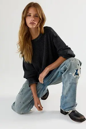 Free People Blake Thermal Long Sleeve Top - Black