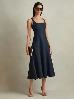 REISS Etta 100% Linen Corset Midi Dress
