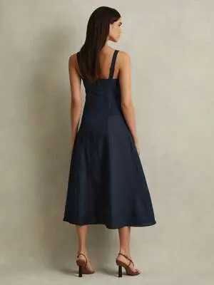 REISS Etta 100% Linen Corset Midi Dress