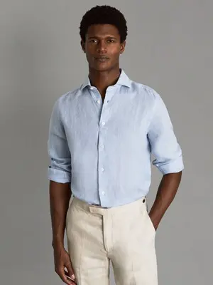 REISS Ruban Linen Button-through Shirt - Light Blue