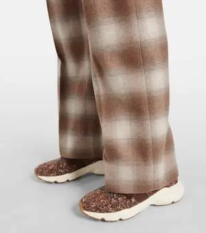TOD'S Knitted Leather-trimmed Sneakers - Brown