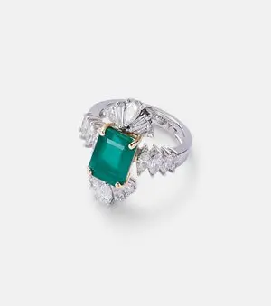 Yeprem 18kt White Gold Ring With Diamonds And Emerald - Silver