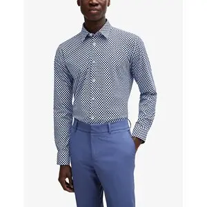 BOSS Slim-fit Micro Square-print Stretch-woven Shirt - Navy
