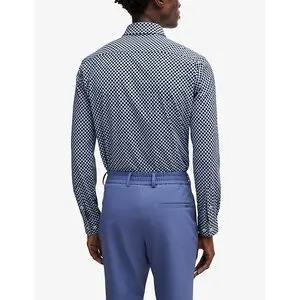 BOSS Slim-fit Micro Square-print Stretch-woven Shirt - Navy