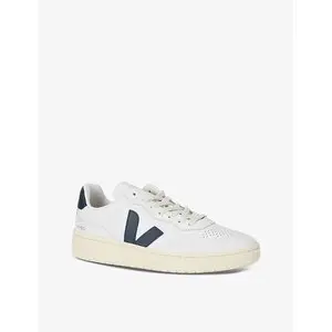 VEJA V-90 Logo-embroidered Low-top Leather Trainers - White/navy