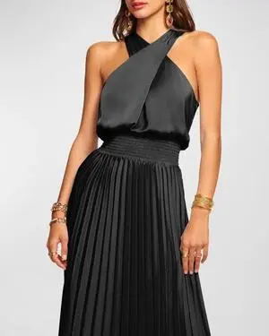 Ramy Brook Arina Pleated Halter Midi Dress - Black